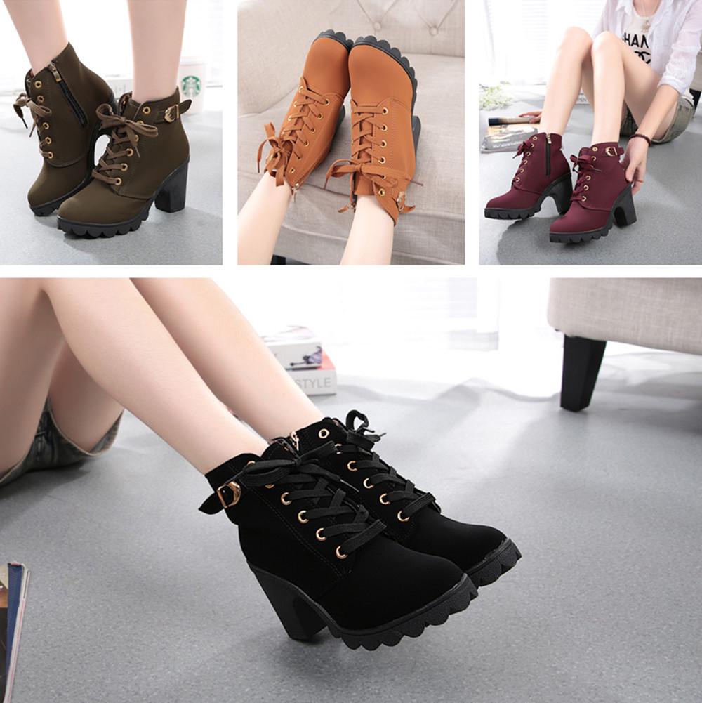 Womens Fashion High Heel Lace Up Ankle Boots Ladies Buckle Platform ...