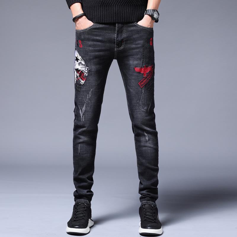 Embroidered jeans men's stretch straight pants slim embroidered pants ...