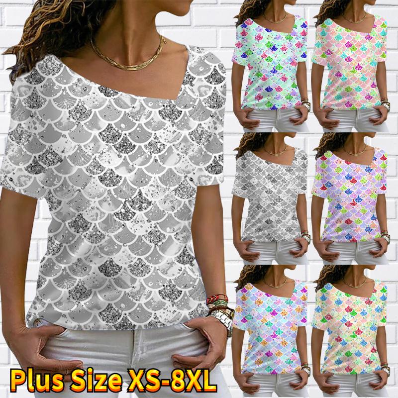Buy Ladies 3D Colorful Fish Scales Print Irregular Collar Short Sleeve ...