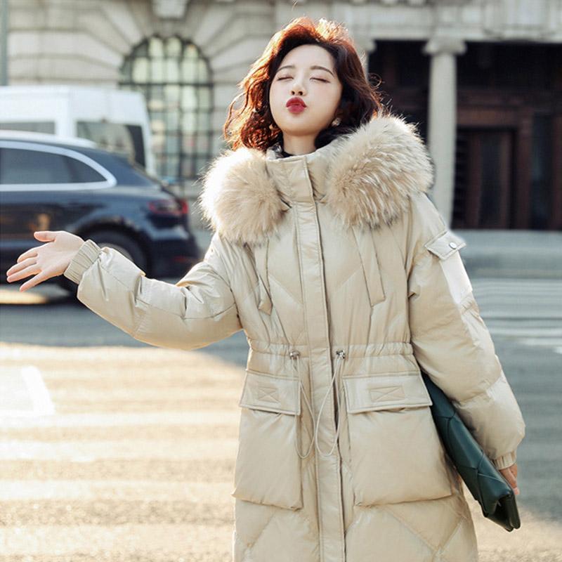 Buy Women Winter Down Jacket With Zipper Fur Collar Hooded Parka Coat Warm Long Female Coat at ...