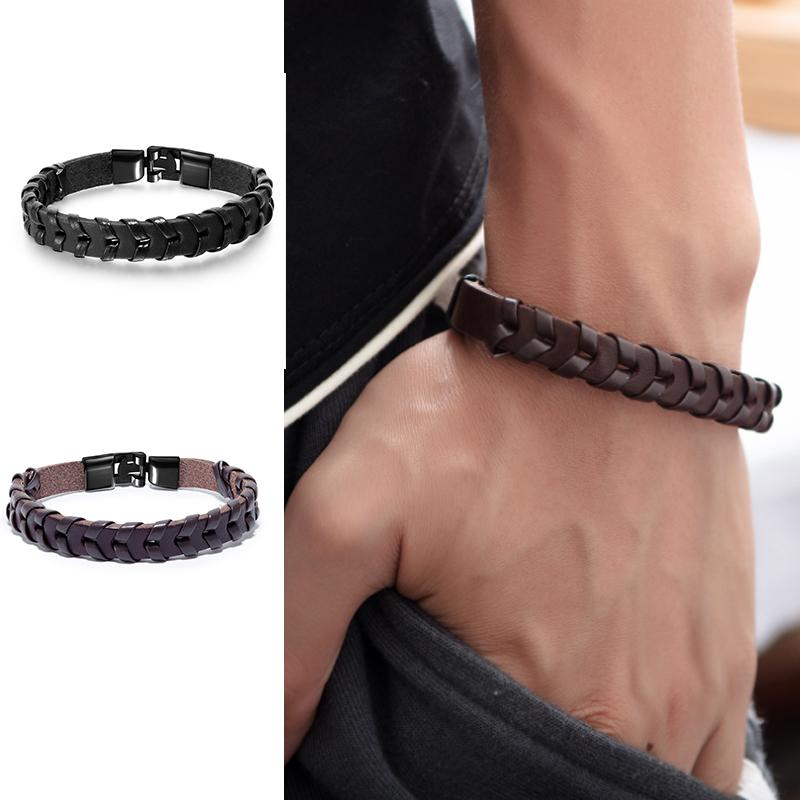 1pc Simple Bracelet Men Jewelry Classic Black Braided Hand-woven PU ...