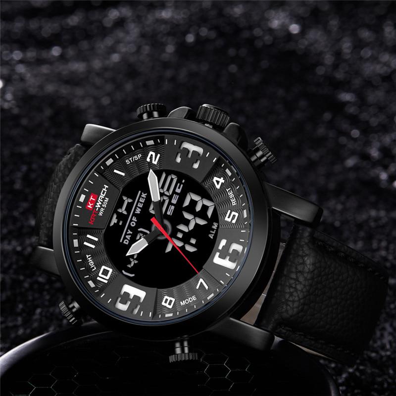 Mens Dual Watches Leather Sports Quartz LED Digital Clock Waterproof ...