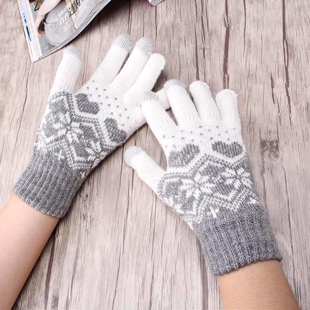 Stretch Snow Knitted Gloves For Women Men Heart Snowflake Mittens uygun ...