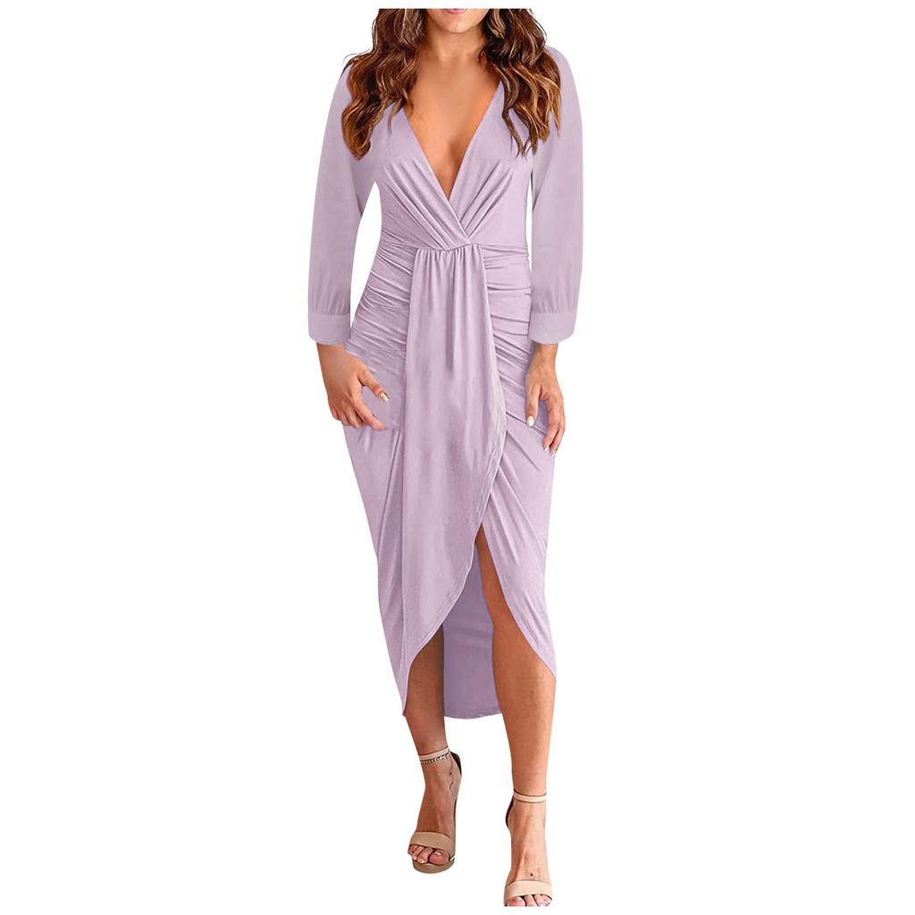 Buy (WAD) Womens Temperament Solid Color V-Neck Pleated Hip Slit Long ...