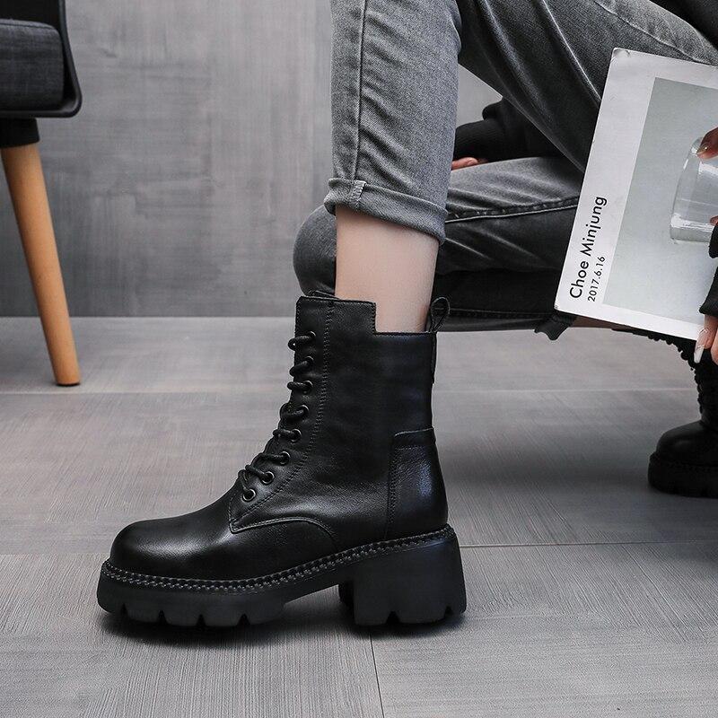 2022 Cow Leather Quality Women Shoes Autumn Winter Square Med Heel ...