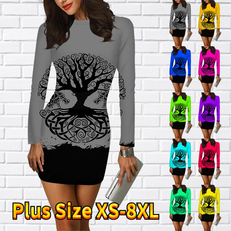 Long Sleeve Bodycon 3D Withered Tree Print Dress Women Mini Dresses ...