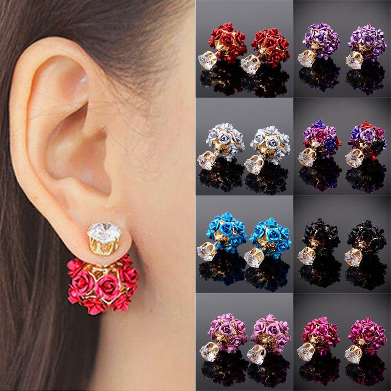 Buy Elegant Women Double Sided Rose Flower Crystal Stud Earrings ...