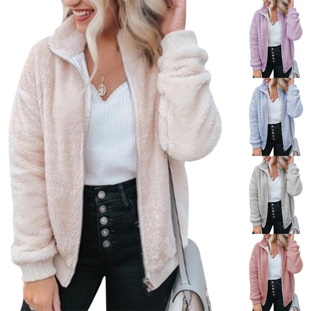 Buy Solid Color Warm Plush Jacket Women Winter Turn Down Collar Zipper