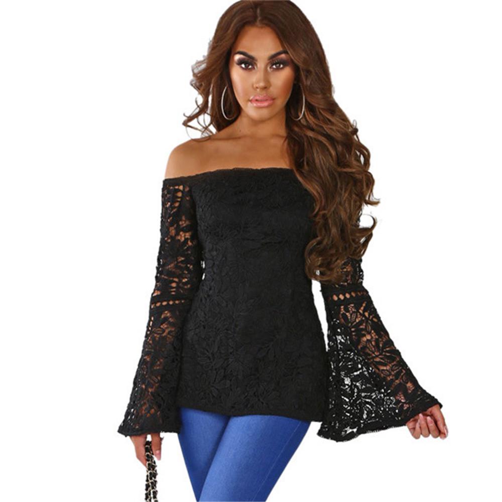Women Black Lace Off Shoulder Trumpet Sleeve Top Solid Color Long ...