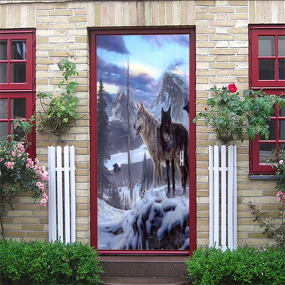 Buy 1pc 3D Snowfield Wolves Door Sticker Removable Wallpaper Door Mural ...