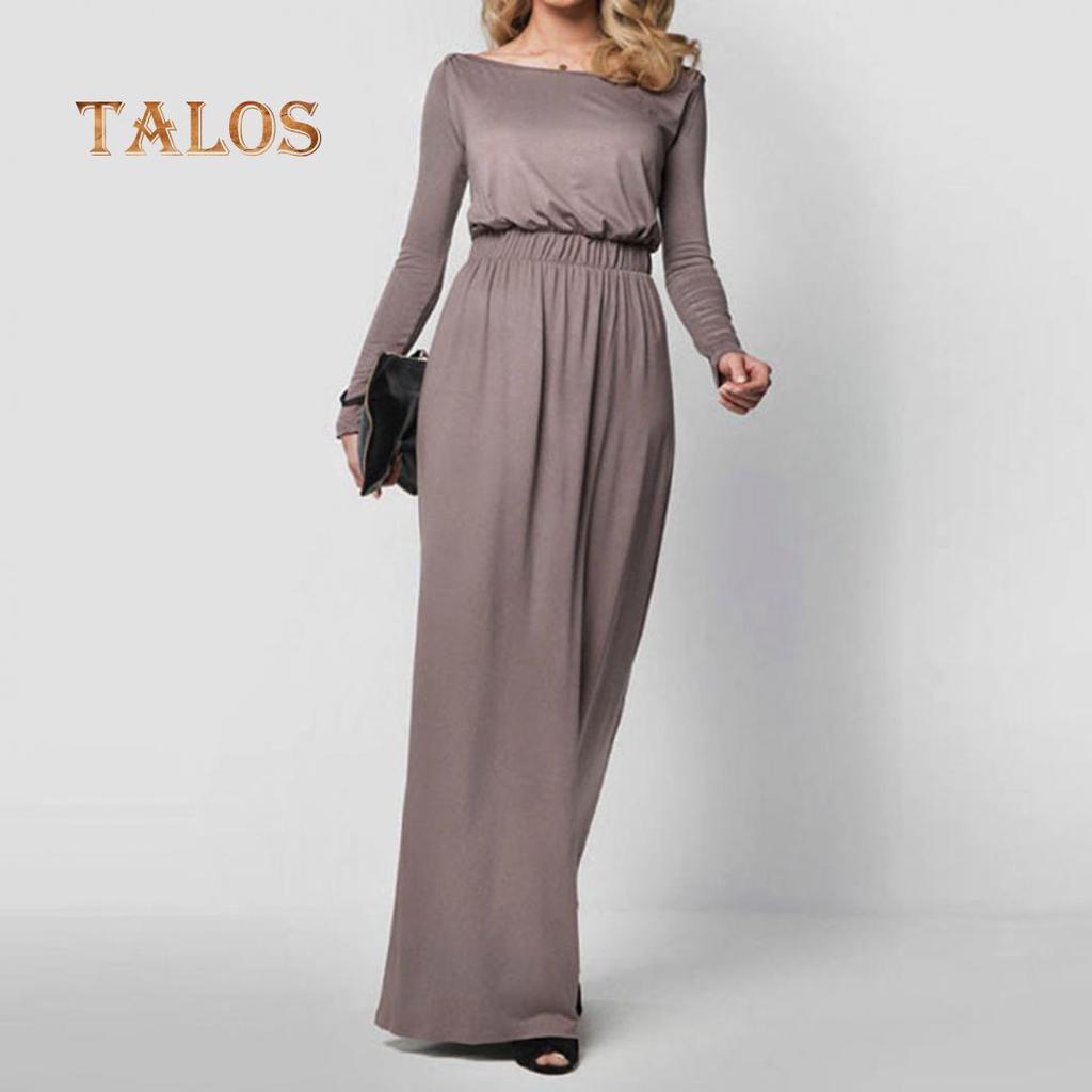 Buy Women's Maxi Long Sleeve Solid Color Slash Neck Evening Party ...
