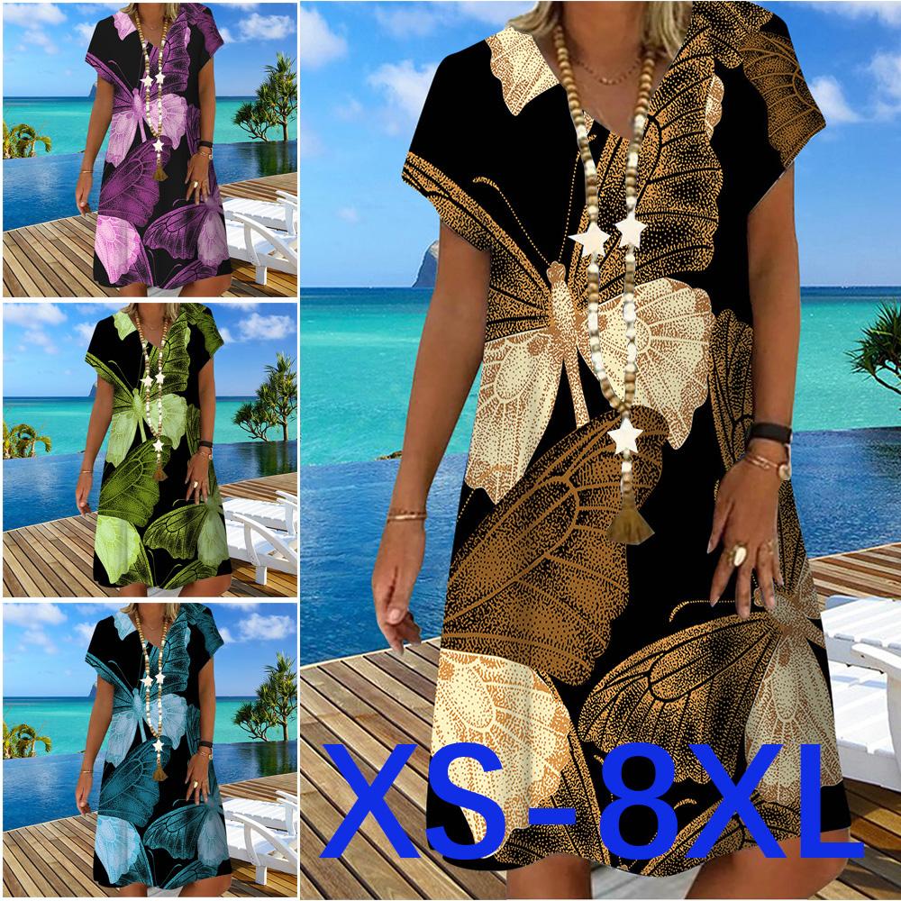Buy Women's Dress 2022 Summer New Style Women's V-neck Butterfly Printed Casual Short Sleeve ...