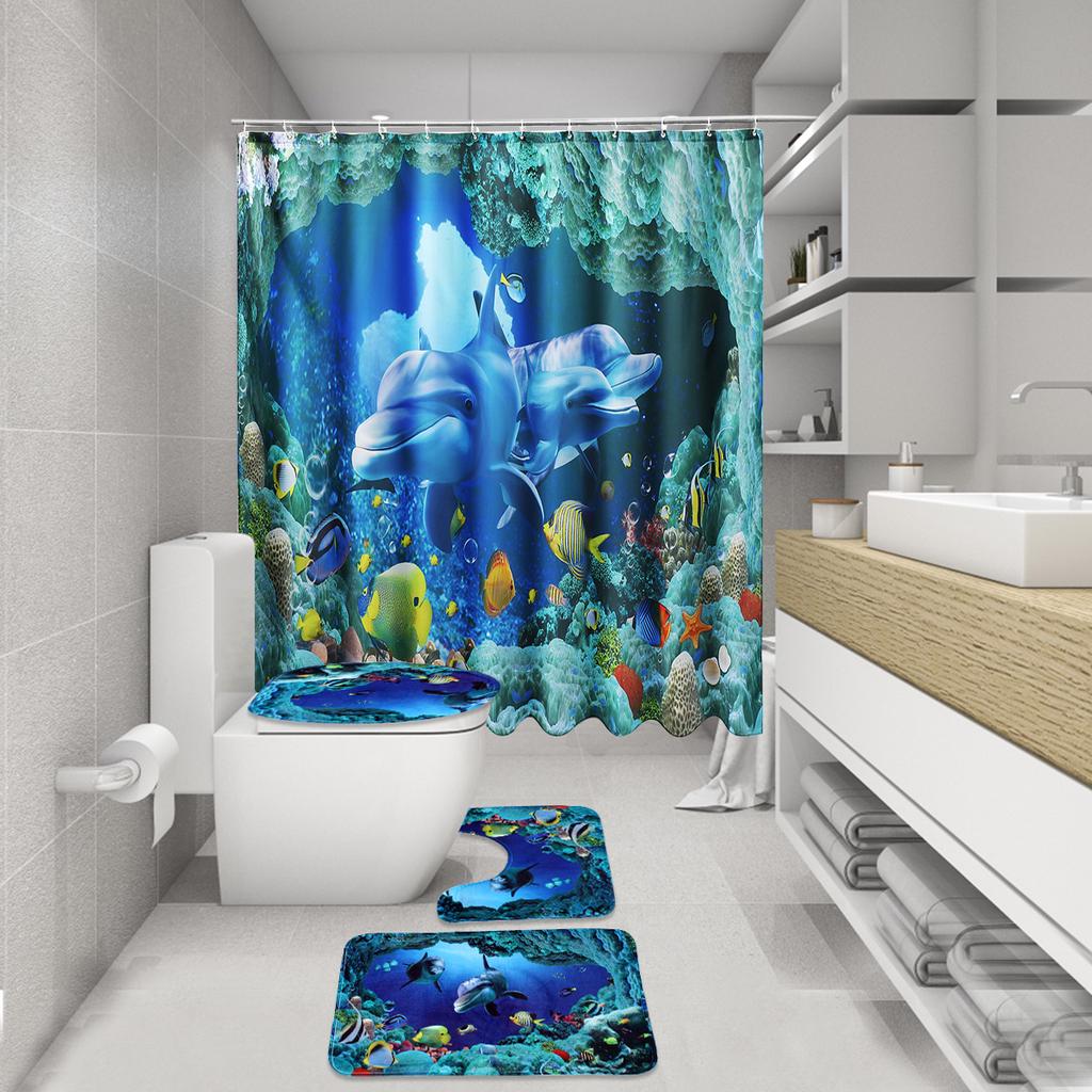Cute Dolphin Blue Bathroom Shower Curtain Waterproof 6x6ft Bath ...