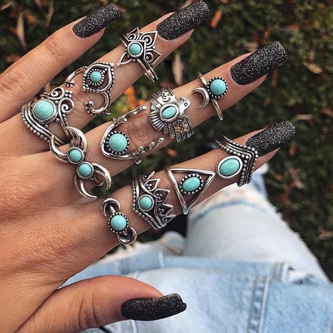 Eagle Turquoise Moon Finger Ring Set Retro Crown Stone Joint Rings ...