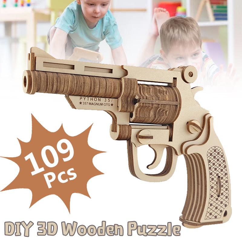 Buy 109Pcs/Set 3D Wooden Puzzle DIY Revolver Gun Model Toys Jigsaw ...