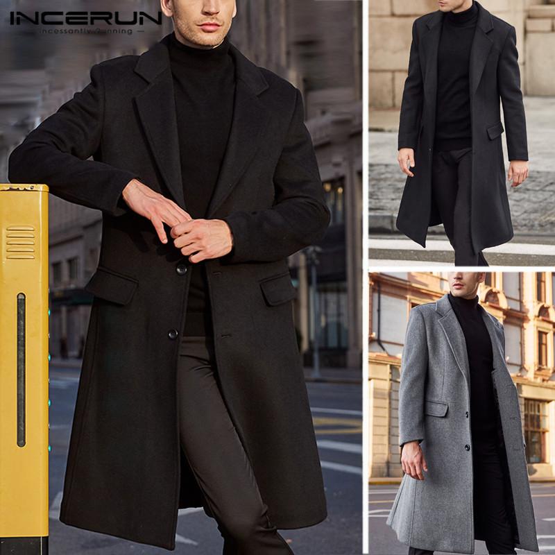 INCERUN Fashion Men's Autumn Winter Wool Coat Overcoat Casual Long ...