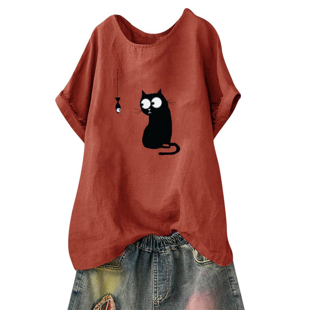 Buy Women Loose Tops,Cat Print shirt,Plus Size,Casual,Beach,Vintage ...