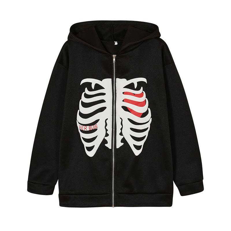 Buy Fashion Y2k Skeleton Hoodies Women Gothic Black Zip Up Oversized Sweatshirt Ladies Retro ...