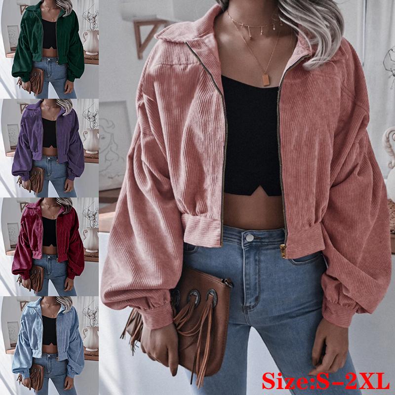 Moda Kadın Corduroy Fener Uzun Kollu Yaka Ceket Sonbahar Kış Zarif Katı Renk Yeni Gevşek Rahat ...
