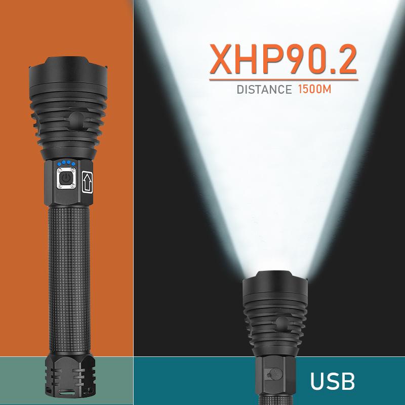 Led flashlight high lumens xhp90 most powerful flashlight 26650 usb ...