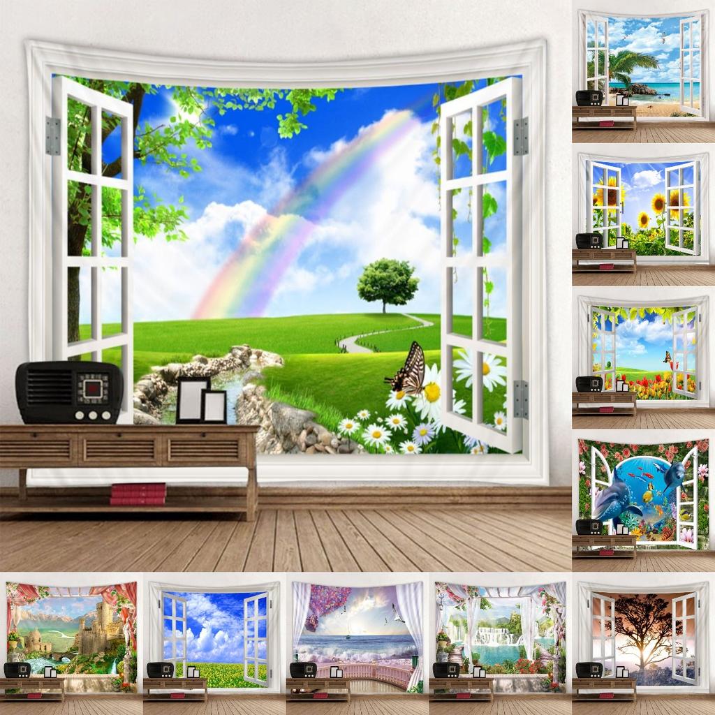 Pencere Dışı Plaj Baskılı Goblen Hippi Duvarı Asılı Bohem Duvar ...