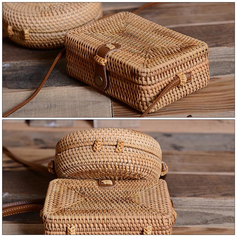 Buy Handmade Bali Batik Round Rattan Straw Bamboo Bag Brown Leather ...