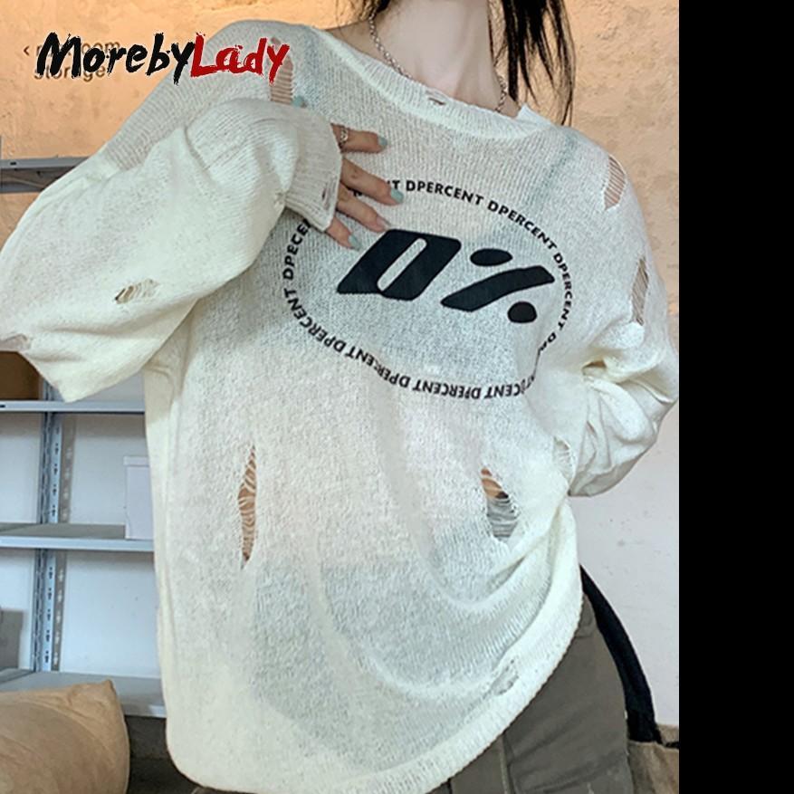 Cheap Morebylady Retro Print Sweater Women Hollow Out White Knit ...
