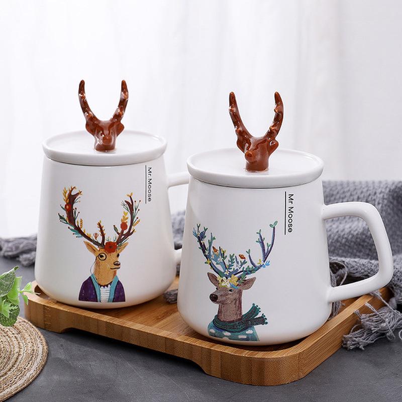 Buy Ceramics Mug Deer Coffee Cup White With Cover Cute Milk Cup Heat ...
