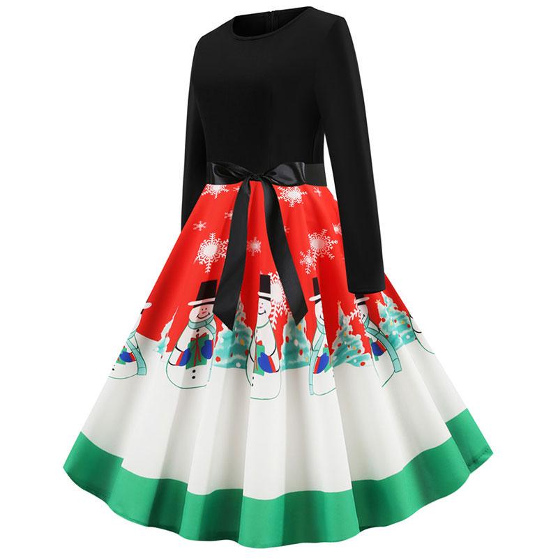 Vintage 50s 60s Hepburn Dress Women Christmas Long Sleeve Dresses Xmas