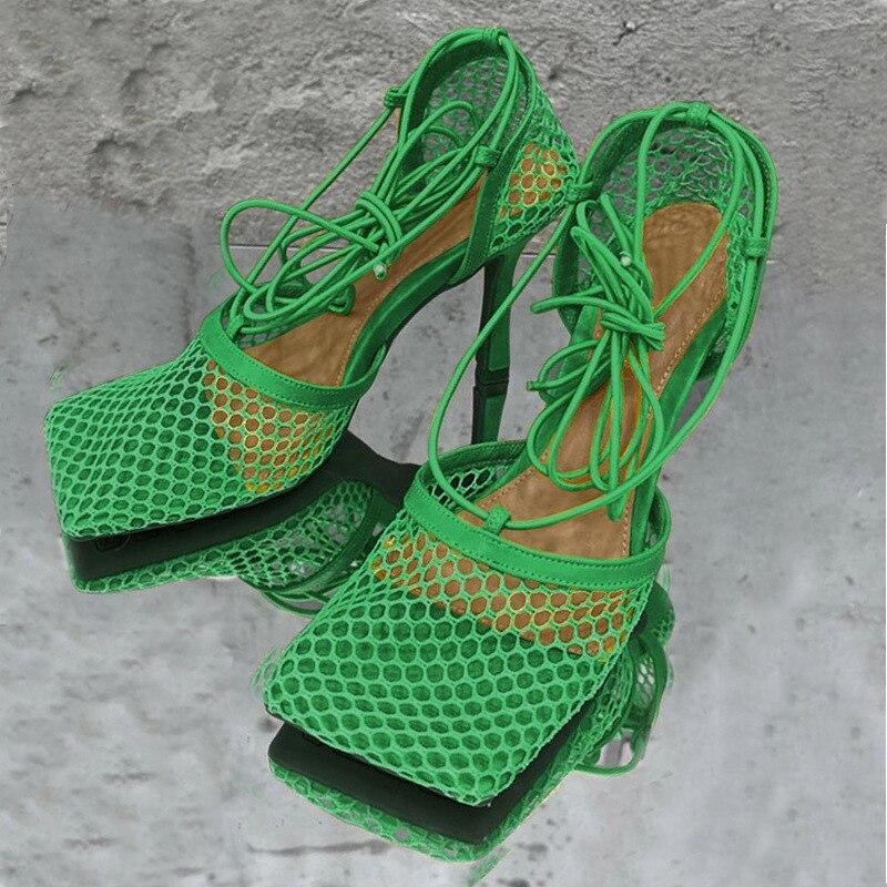 Satın alın Newestsexy Green Mesh Sandals Ladies Square Toe Pumps High ...