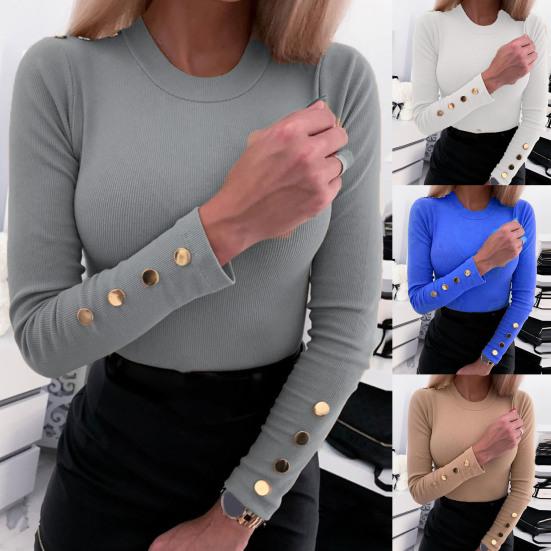 Satın alın O-Neck Long Sleeve Women Blouse Skinny Solid Color Buttons ...