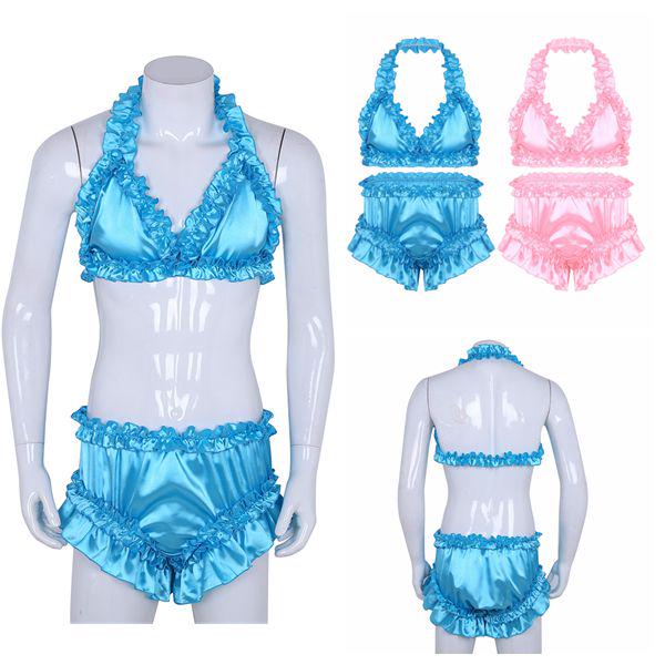 Buy Male Ruffled Lingerie Set Halter Neck Bra Tops with Knickers ...