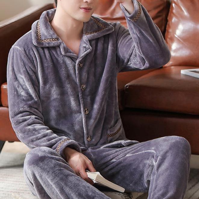 Buy Men Winter Thick Coral Fleece Pajamas Set Warm Soft Pajama ...