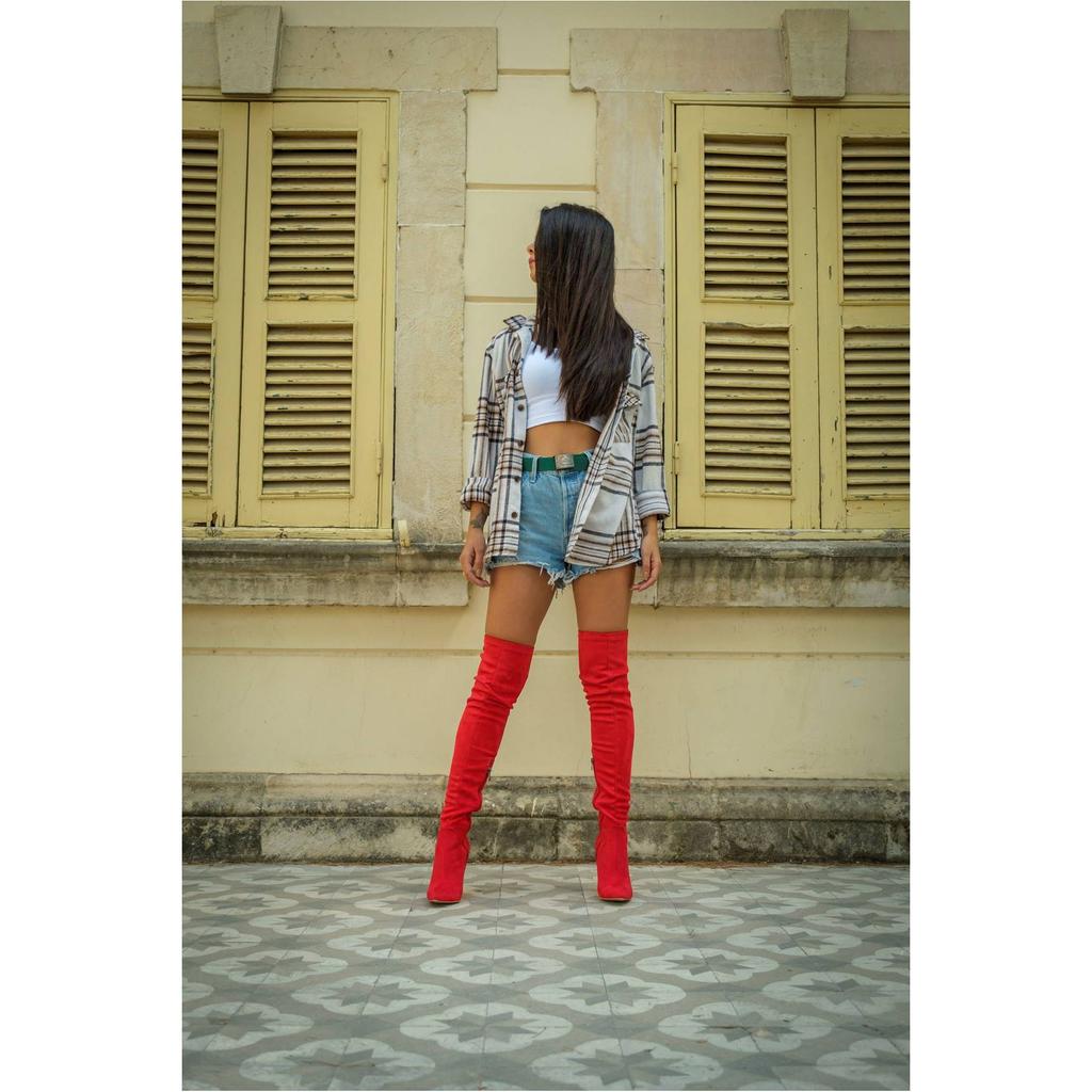 Cheap Women's Fashion Red Suede Stretch High Heel Boots Stylish Party ...