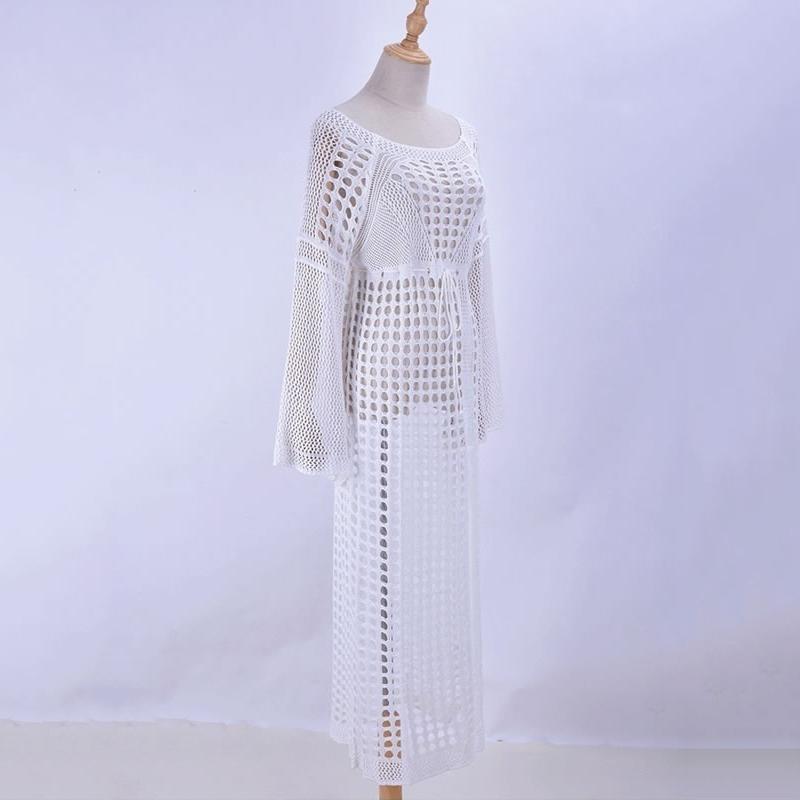 Buy Crochet White Knitted Beach Cover up dress Tunic Long Pareos ...