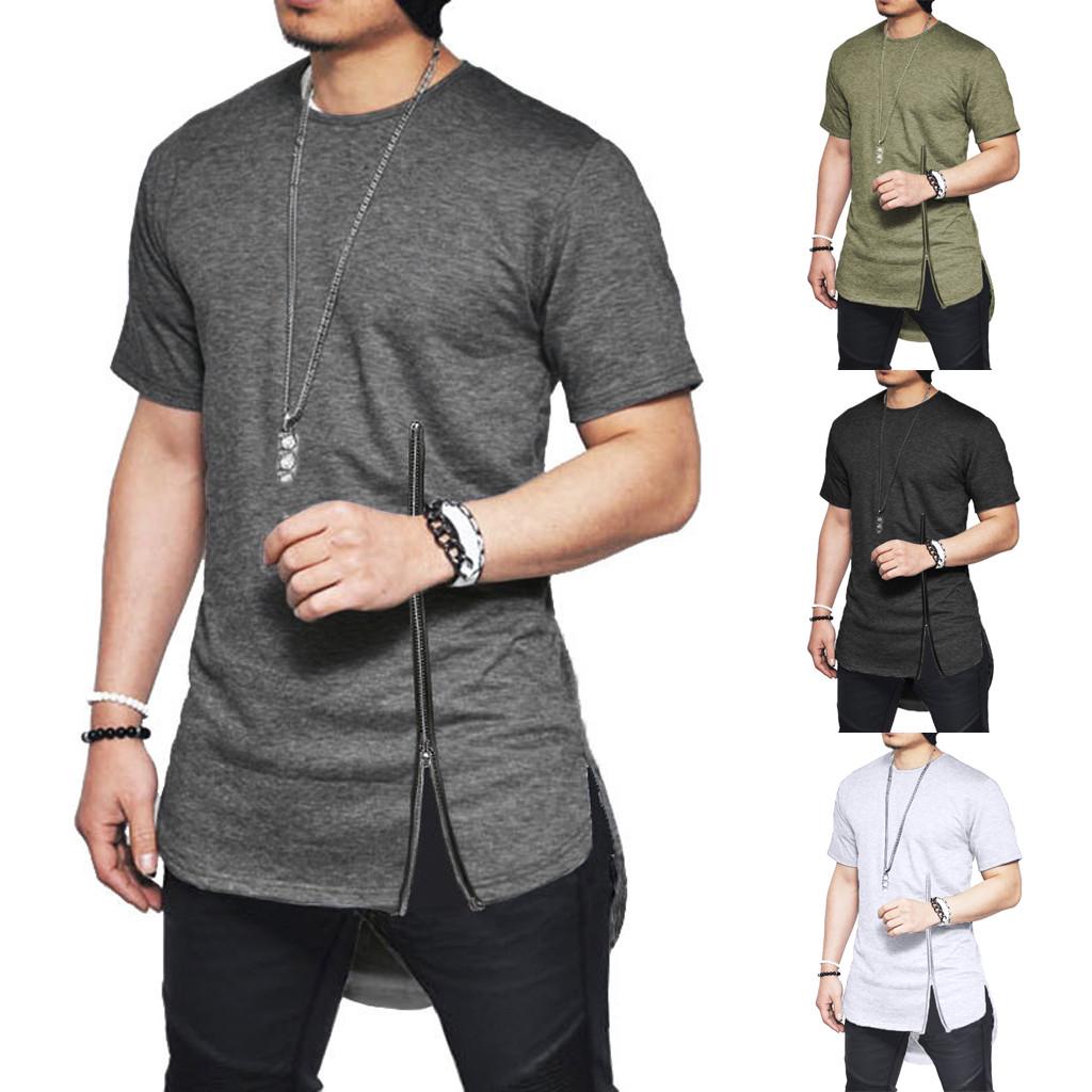 Buy Men's Summer Chest Zipper Short Sleeves Cotton Side Split T-Shirt ...