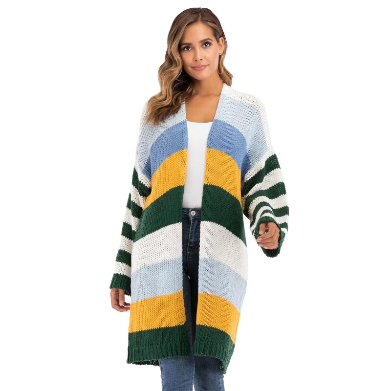 Buy Women Flared Long Sleeve Knitted Cardigan Colorblock Stripes ...