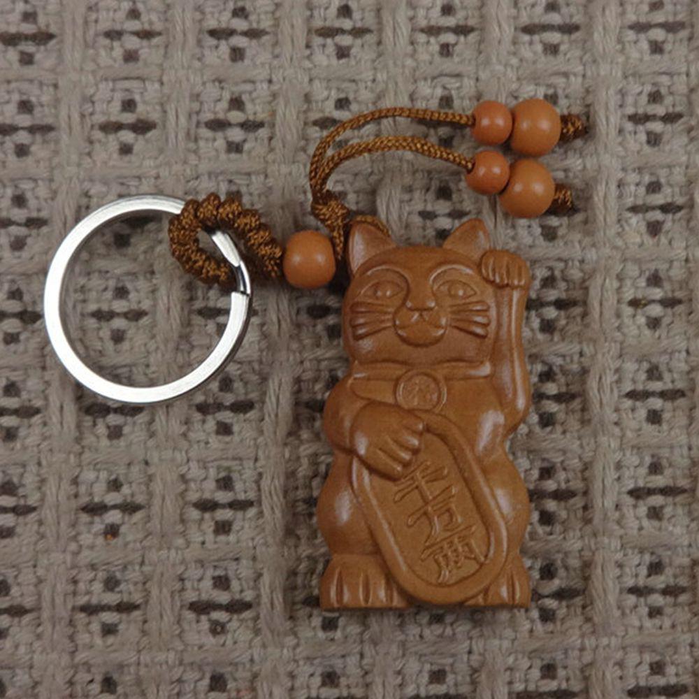 Buy Lucky Gift Pendant Carving Wood Key Ring Keychain Fortune Cat Chain ...