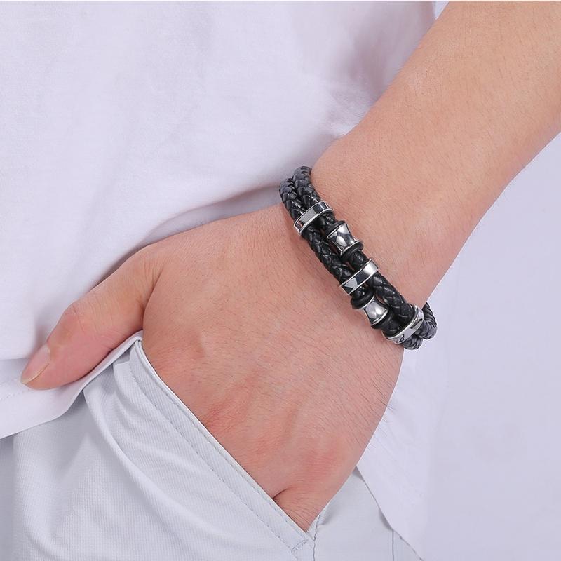 Buy Double Black Braided Leather Men Bracelet Combination Male Bangle ...