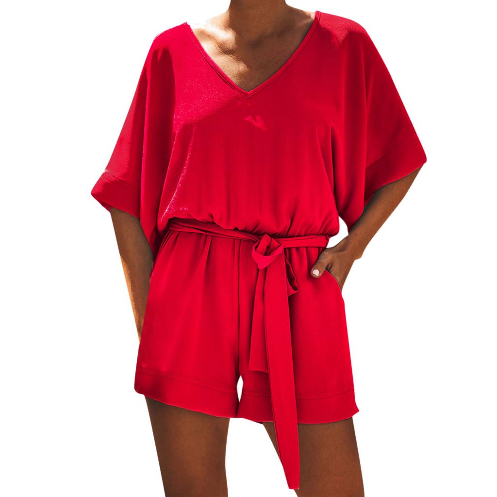 Buy [TR] Women Casual Short Sleeve V Neck High Waisted Wide Playsuits ...