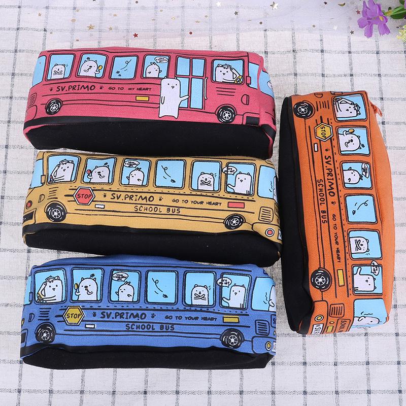 Buy Cute Cartoon School Bus Pencil Case Large Capacity Canvas Car ...