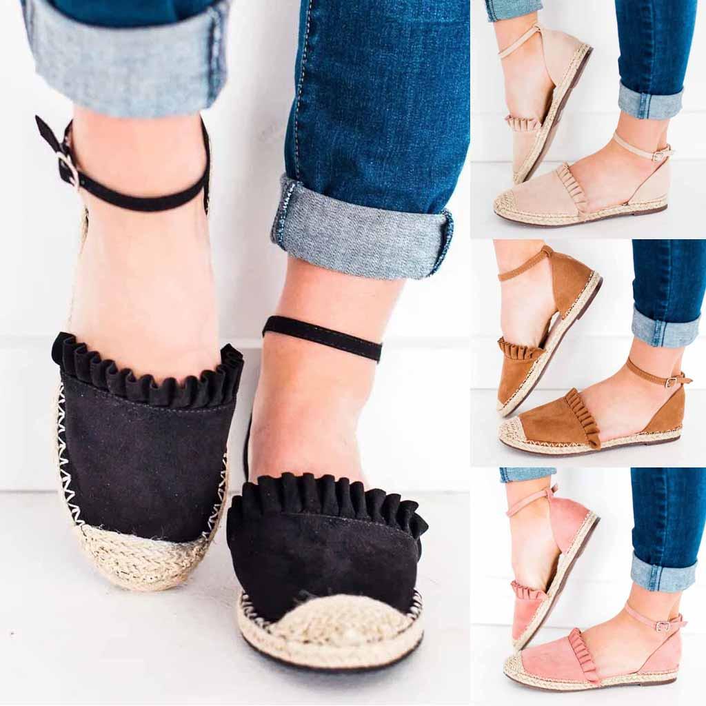 Buy Straw Linen Buckle Ruffle Pumps Womens Shoe Fashion Retro Flat ...