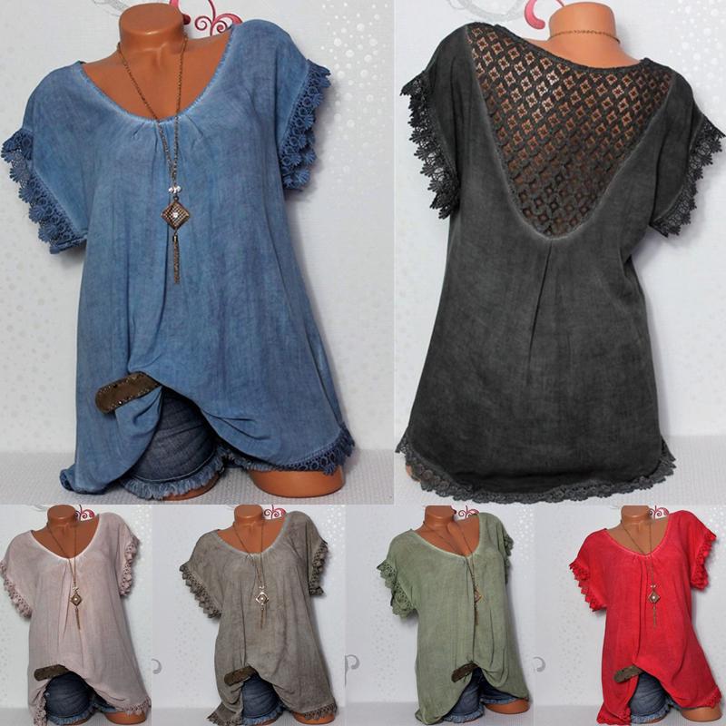 Backless Loose Shirt Plus Size Ladies Hollow Out Tops Casual Short ...