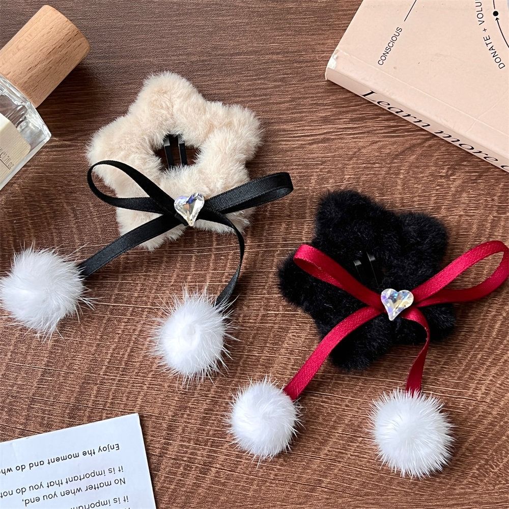 Заколка для волос с бантом и сердечком, боковая заколка, милая плюшевая ...