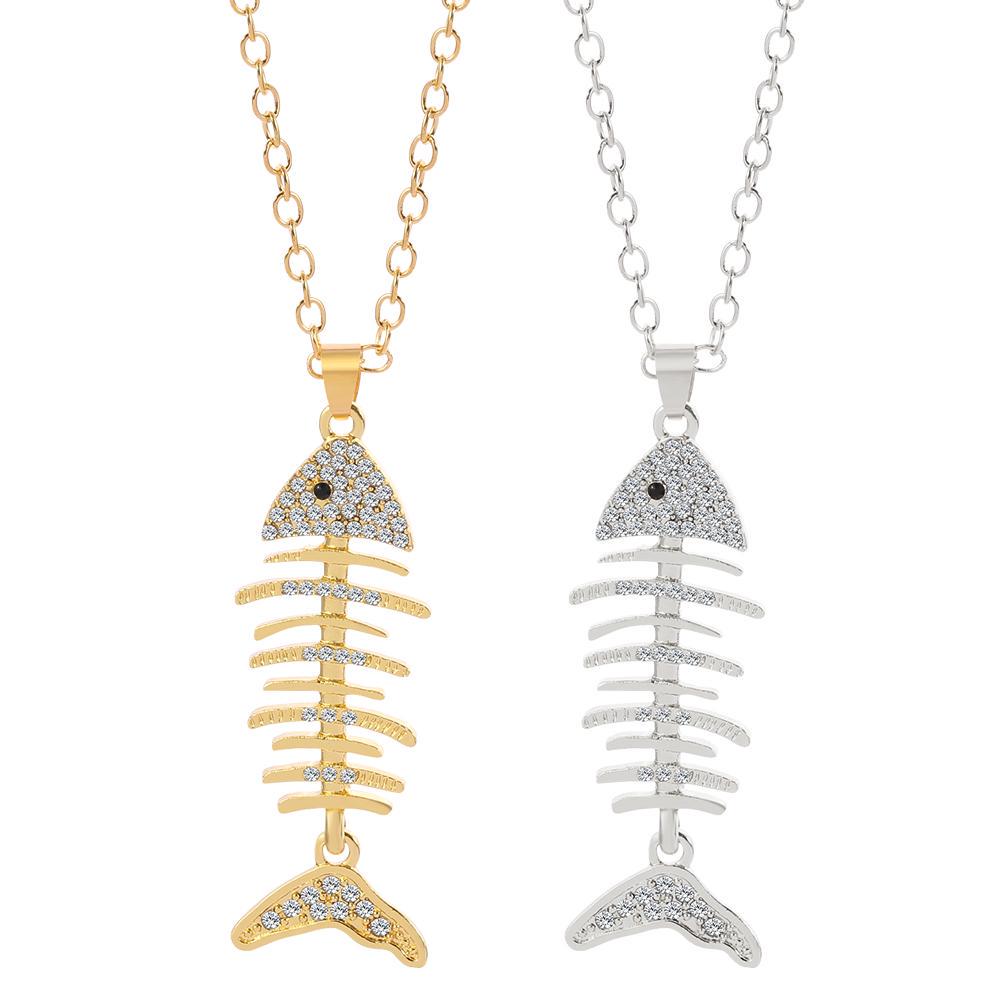 Fashion Fish Bone Design Pendant Necklace Personality Rhinestone ...
