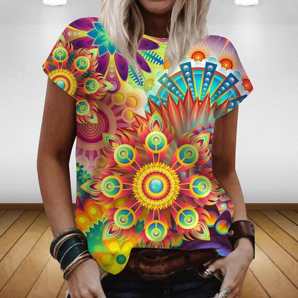 Women's Round Neck Short Sleeve Loose T-Shirt Plus Size Girls Top smock ...