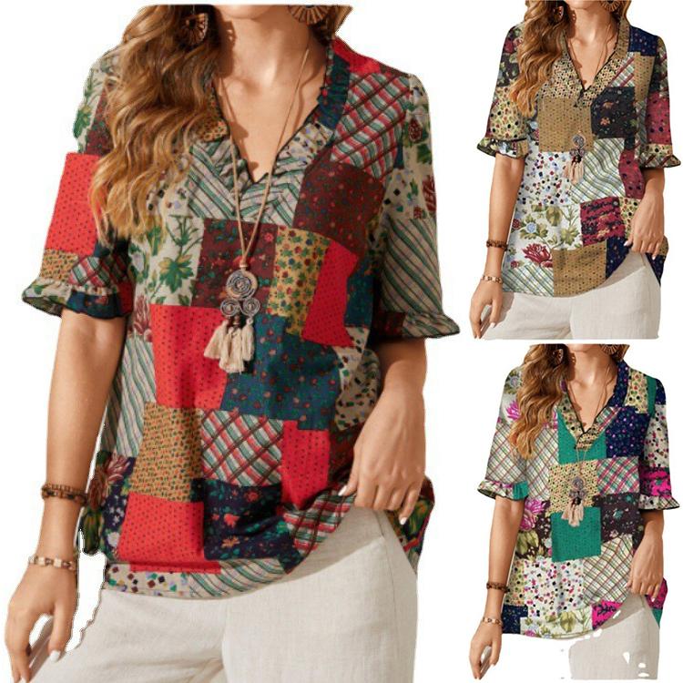 Buy Women Fashion Printed Shirts Short Sleeve Loose Casual Tops V Neck ...
