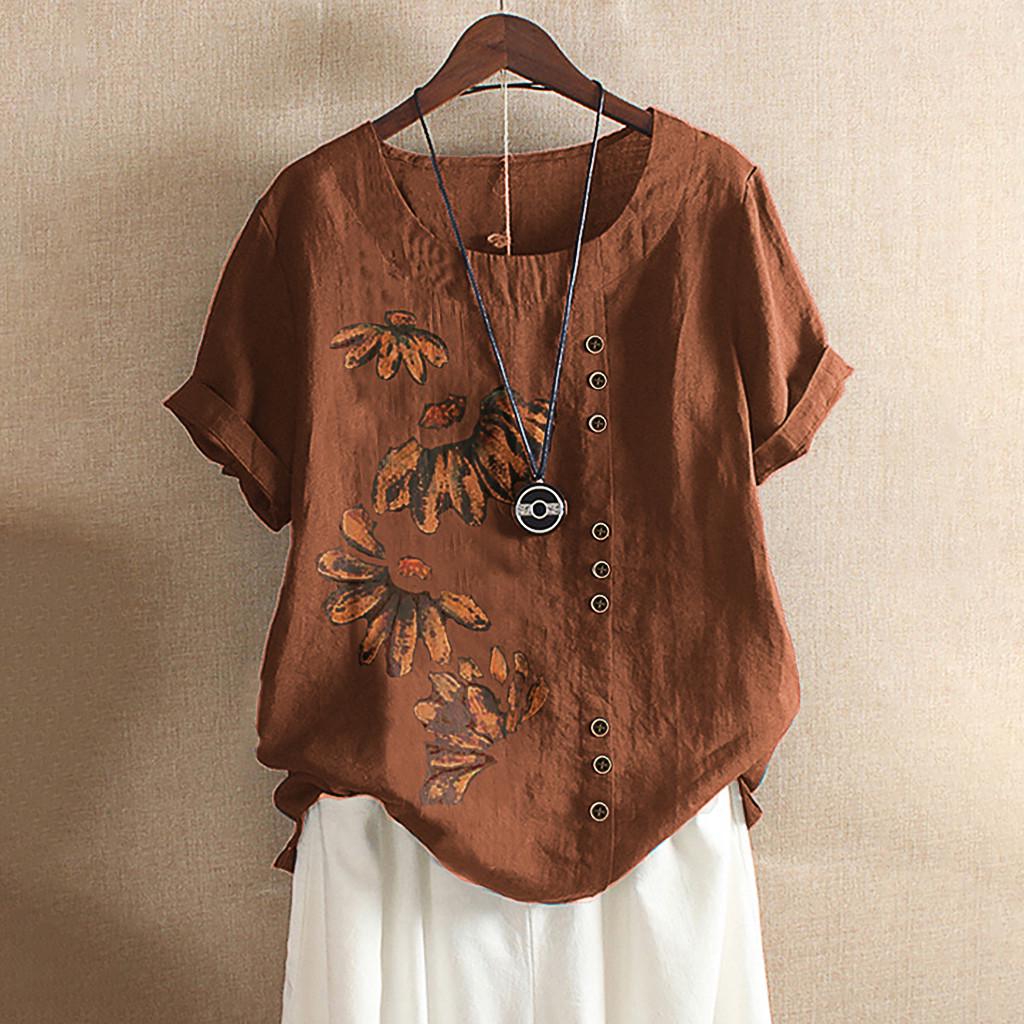 Buy Jo Plus Size Women Short Sleeve Cotton Linen O Neck Button