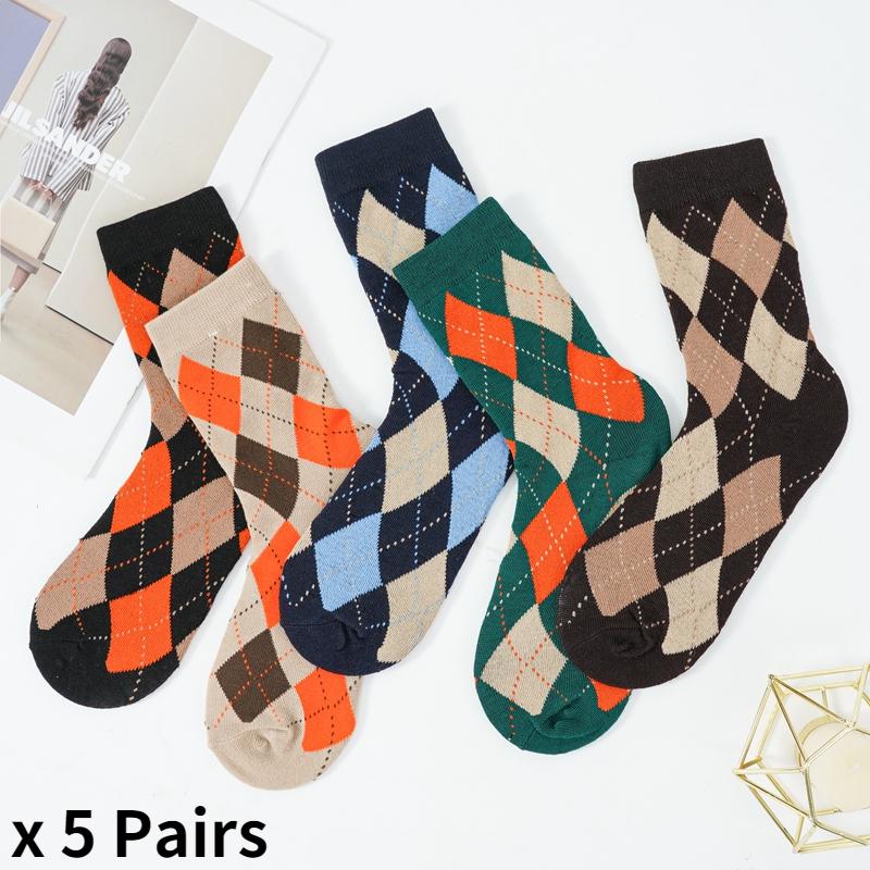 Cheap 5 Pairs Women's Diamond Plaid Socks Mid-tube Retro Socks Autumn ...