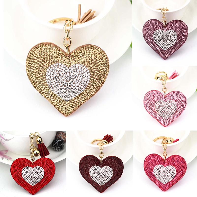 Cute Women Keychain Love Heart Long Tassel Crystal Rhinestone Gift ...